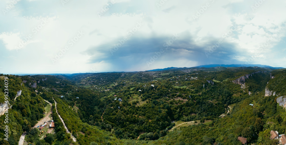 Aerial. Mountains Georgian landmarks, nature. Green forest. View from ...