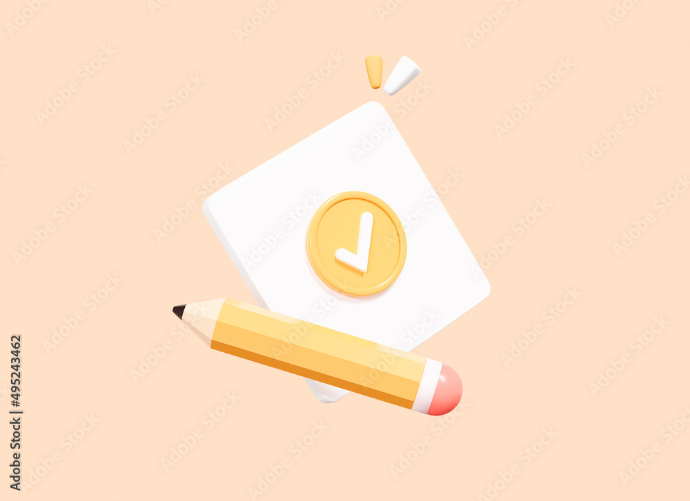 3D icon with check mark on paper note with pencil. Confirmed or ...