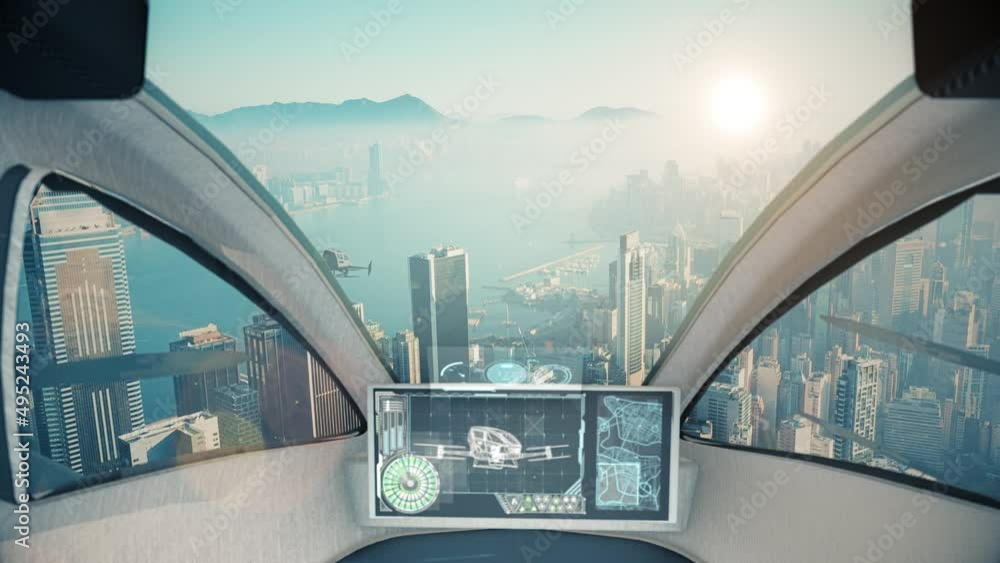 Two autopilot taxi drones flying above big city center at the sunrise ...