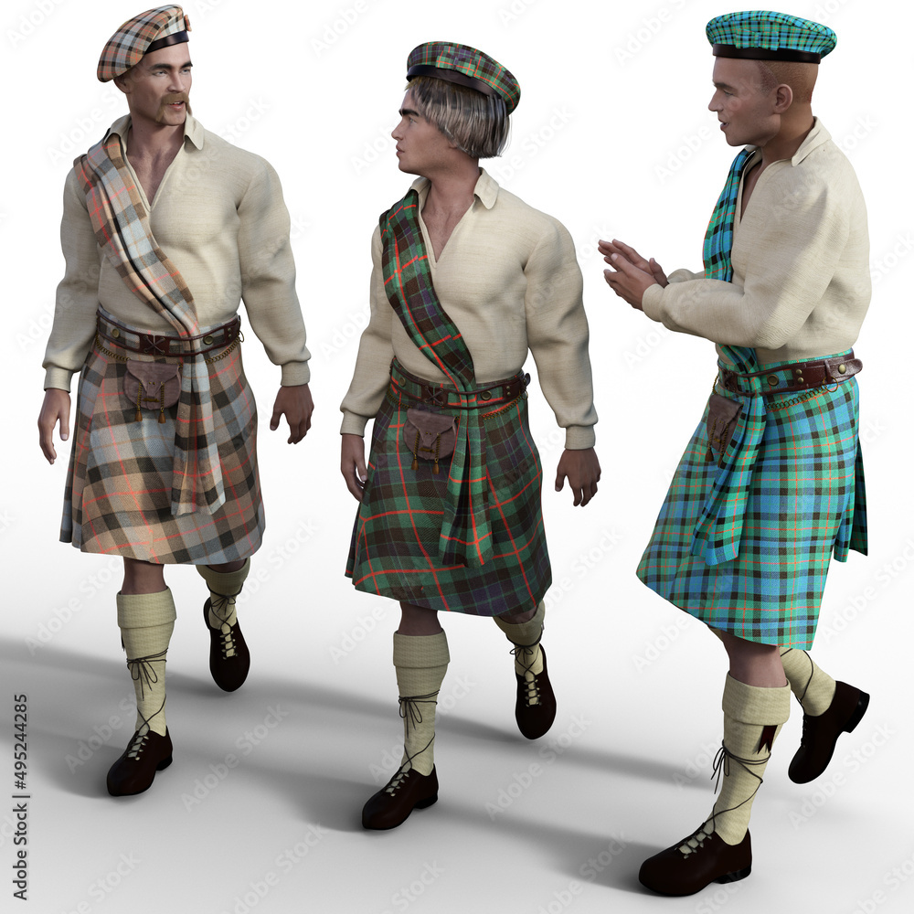 3d Illustration of three Scotsmen dressed in kilts walking and having a ...