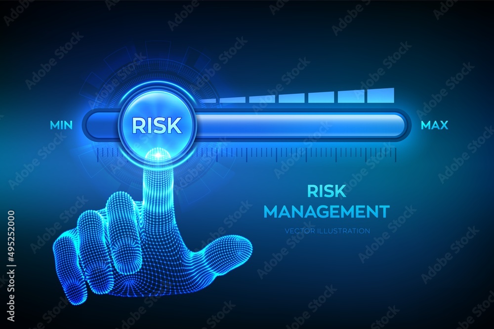 Obraz Risk levels knob button. Wireframe hand is pulling to the minimum ...