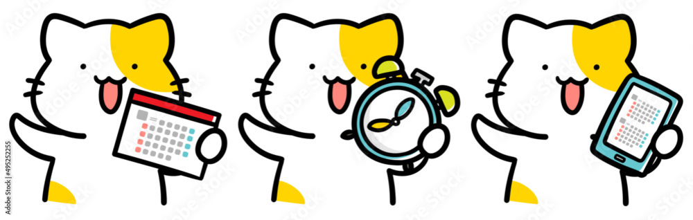日時に関するアイコンを持つかわいいねこのキャラクターの手書き風イラストセット เวกเตอร์สต็อก | Adobe Stock