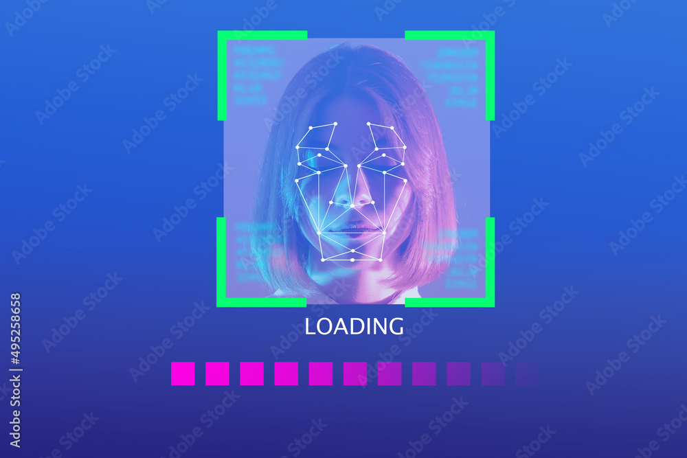 Personal safety. Young woman face scanning for facial recognition ...