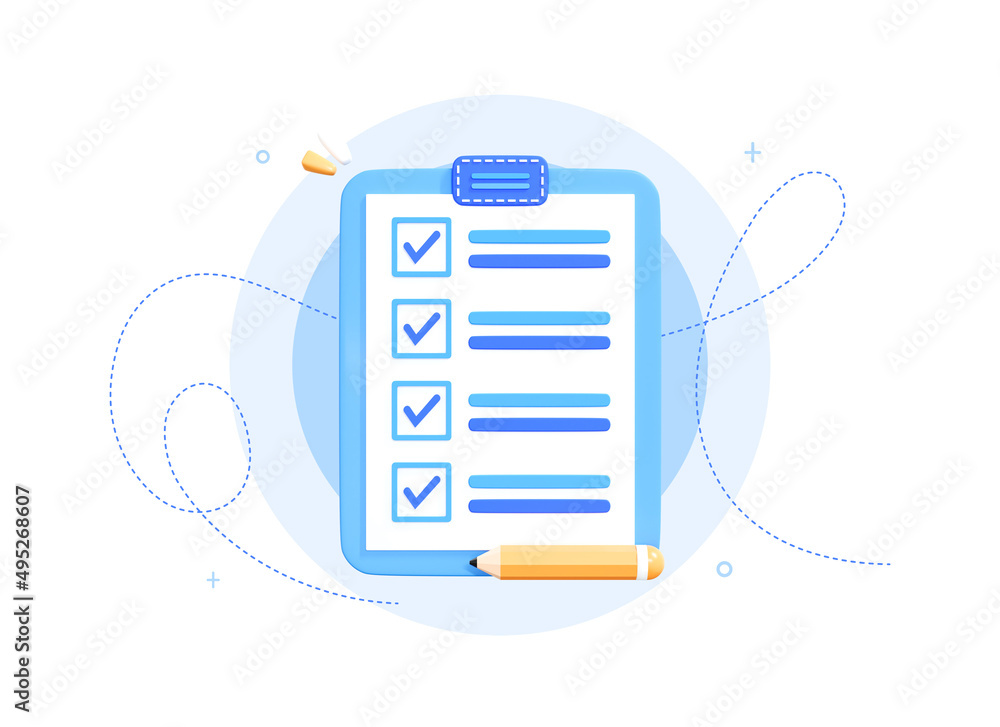 3D Clipboard with Checklist. Paper document or report with completed ...