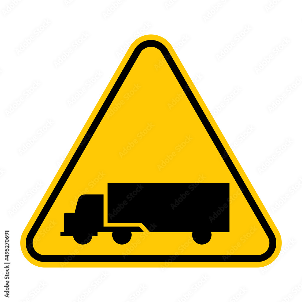 Truck warning sign. Vector illustration of yellow triangle sign with ...