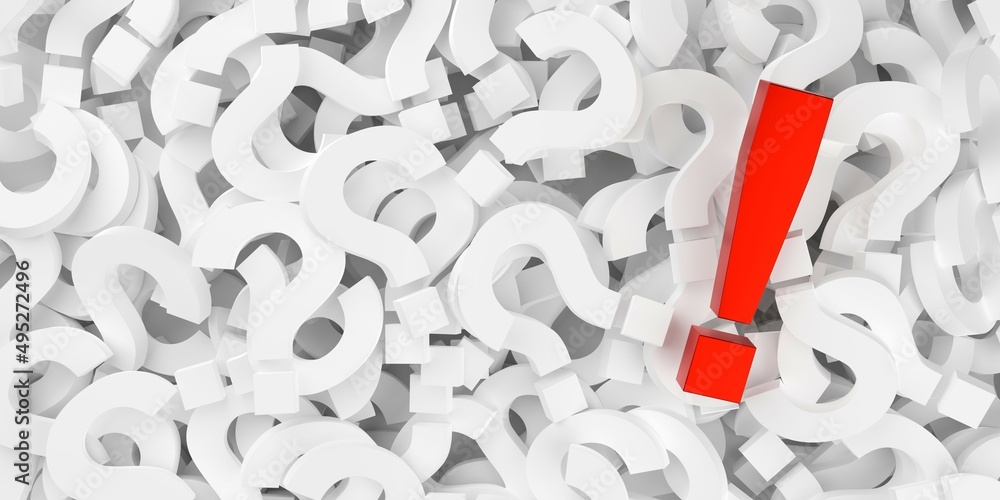 Red exclamation mark on heap of white question marks, problem or answer ...