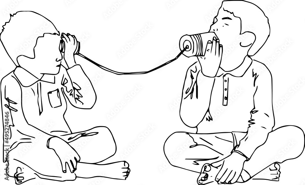outline sketch drawing vector of two kids doing calling on toy tin can ...