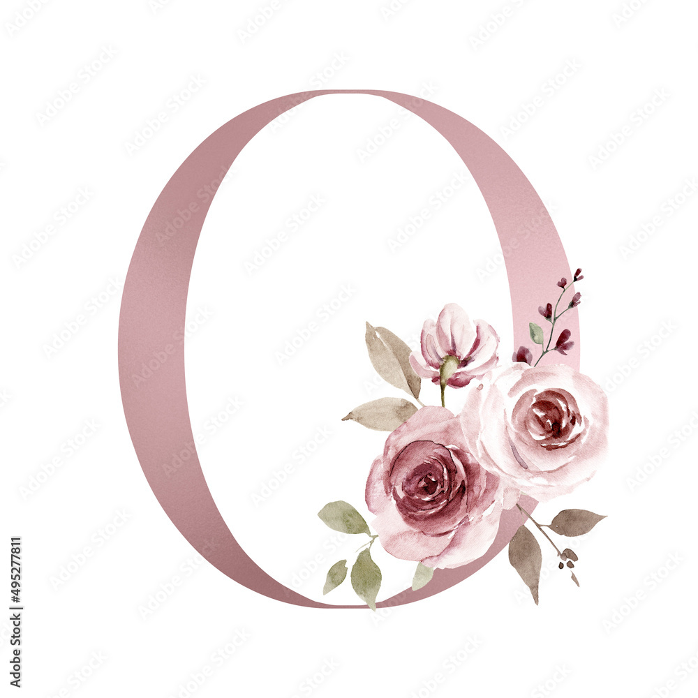 Alphabet, letter O with watercolor flowers and leaf. Wedding monogram ...