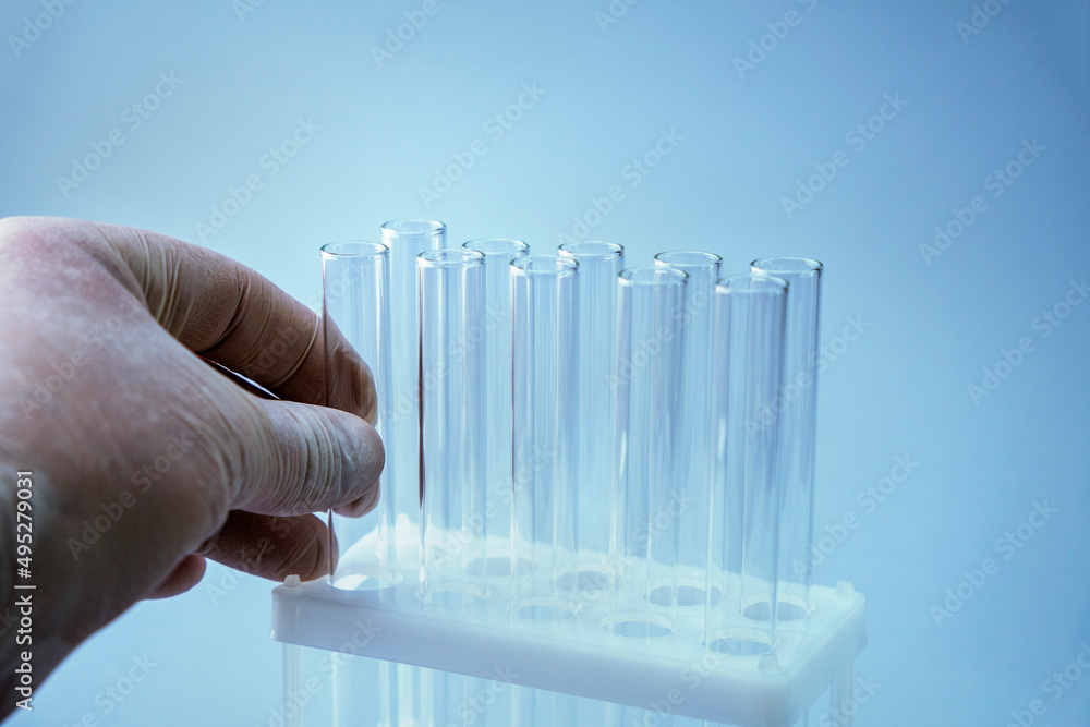 Close up view of transparent glass test tubes for biological research ...
