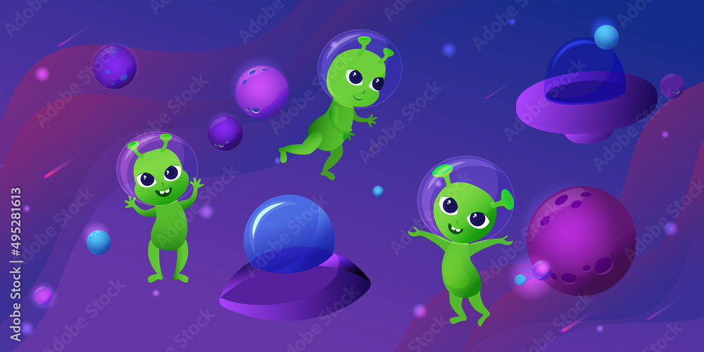 Cute little green aliens and flying saucers in space. Purple universe ...