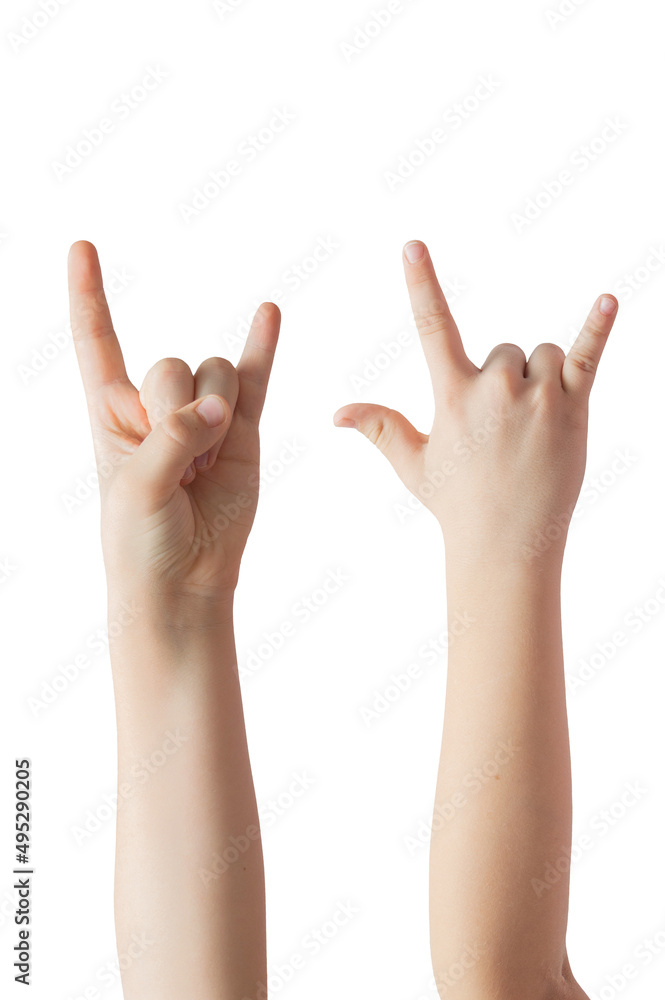 Child's hand shows a sign rock goat on a white background Stock Photo ...