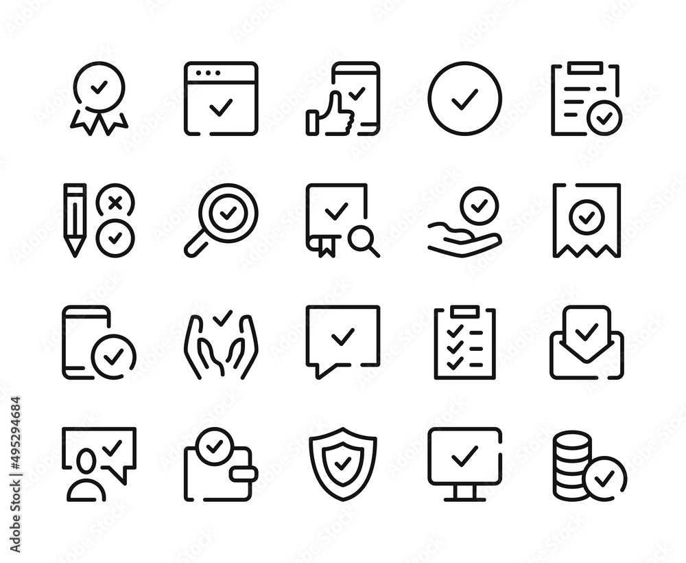 Approve icons. Vector line icons set. Check mark, quality control, approval concepts. Outline ...