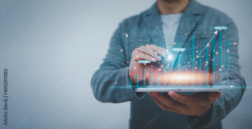 Businessman touchscreen line of Stock market or forex trading graph and ...