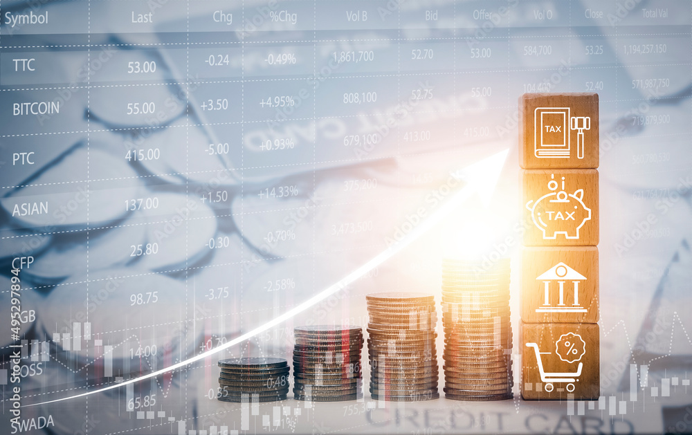 Saving Bank and wooden block cube concept, coin and rows growth, Stock ...