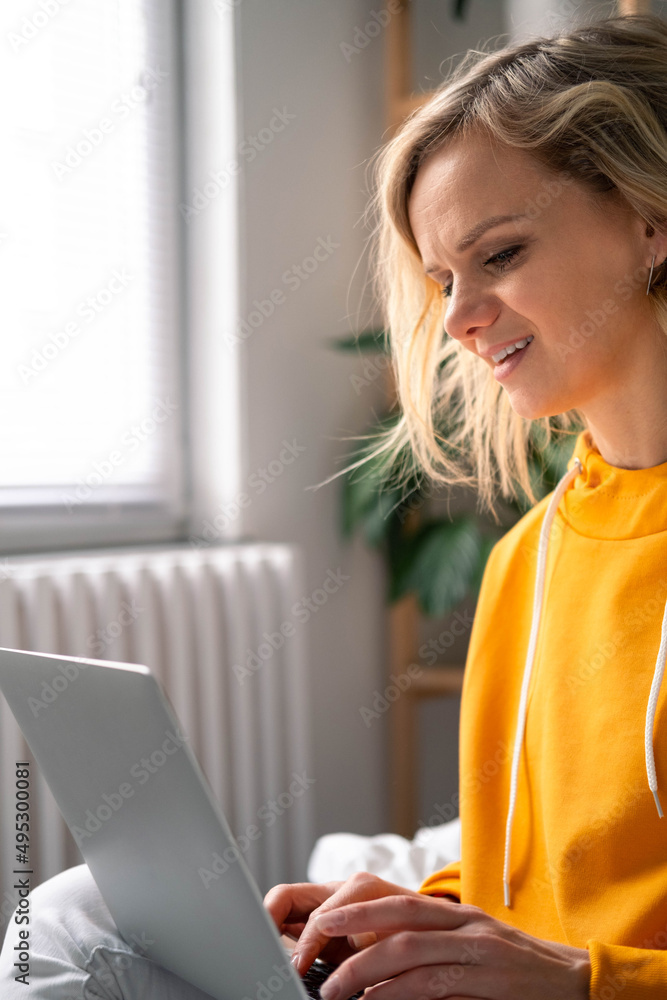 Happy woman girl Using computer laptop working office work remotely ...