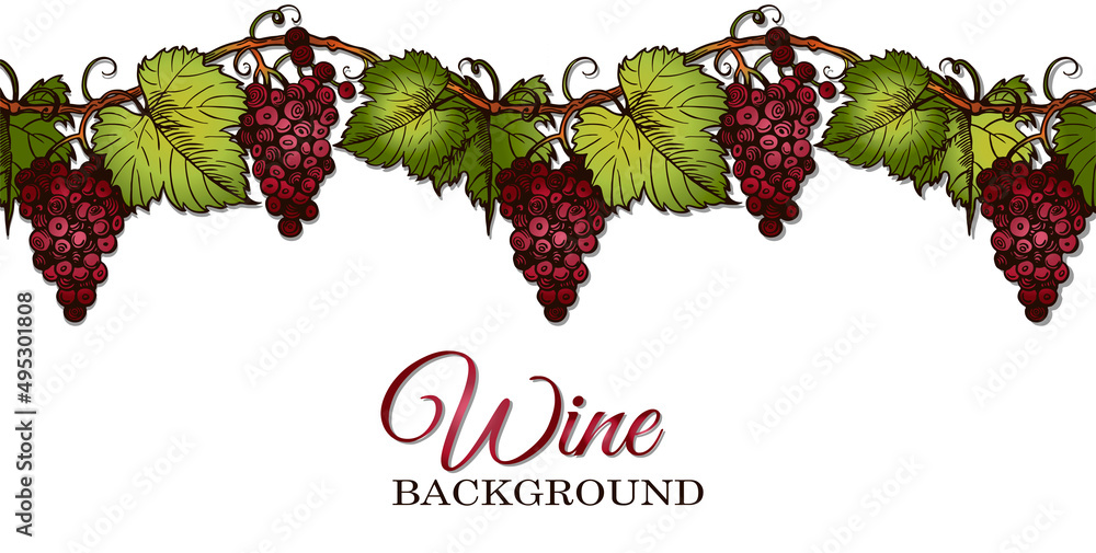 Sketch hand drawn Wine poster with red grapes and green leaves on ...