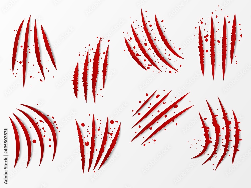 Red claw scratches. Abstract animal bloody damages. Werewolf talons ...