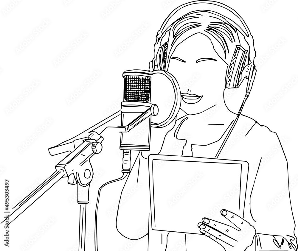 outline sketch drawing of woman voice over artist performing on mic ...