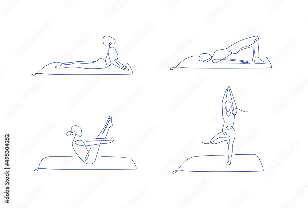 Pilates line art poses set. outline vector illustration. one line yoga ...