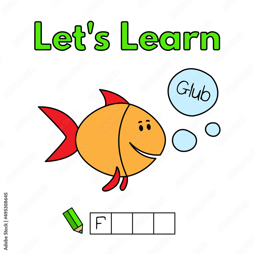 Cartoon fish learning game for small children - write the word. Vector ...
