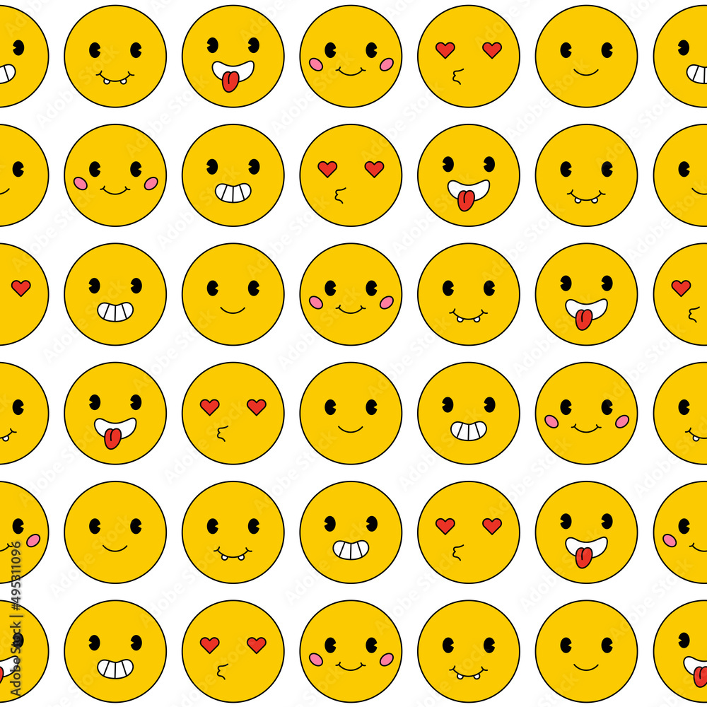 Seamless pattern with round yellow smiley faces. Traditional old ...