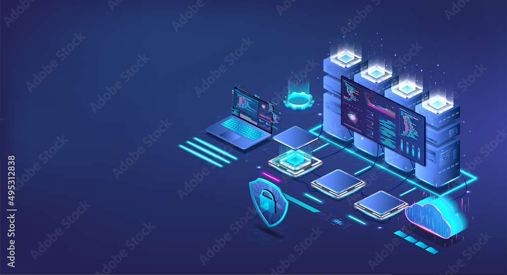 Data Processing Center and Cloud Storage. Isometric digital storage ...