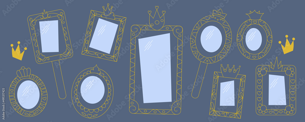 Princess mirrors with crown or tiara line vector illustration set ...