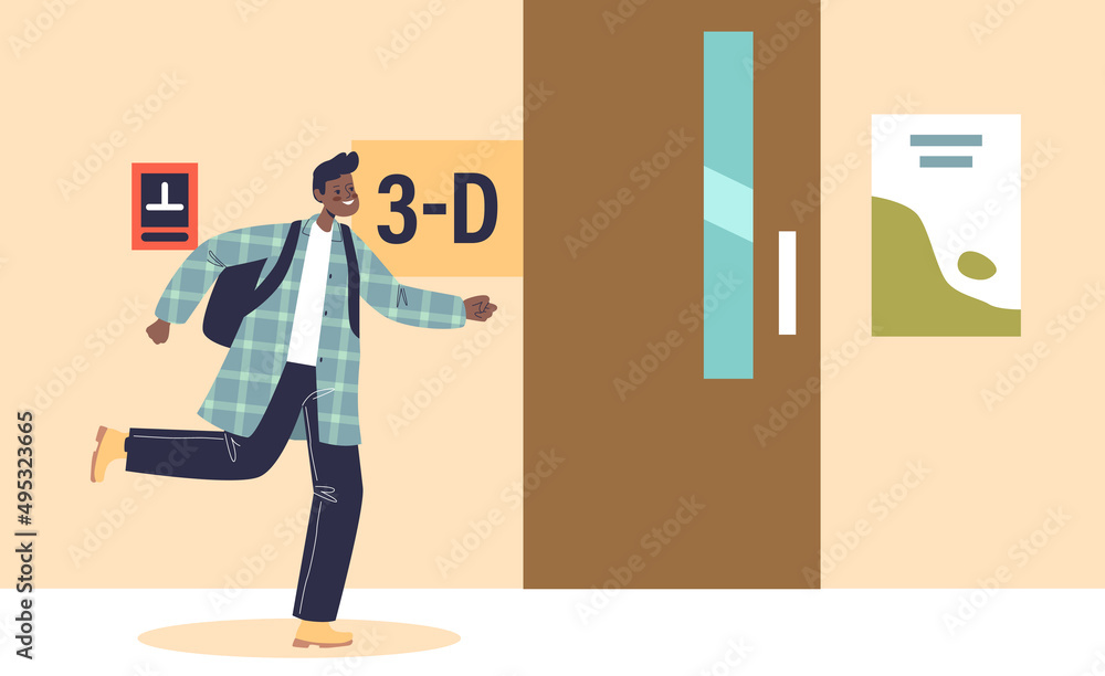 Schoolboy running to school classroom late for lesson class. Teenager ...