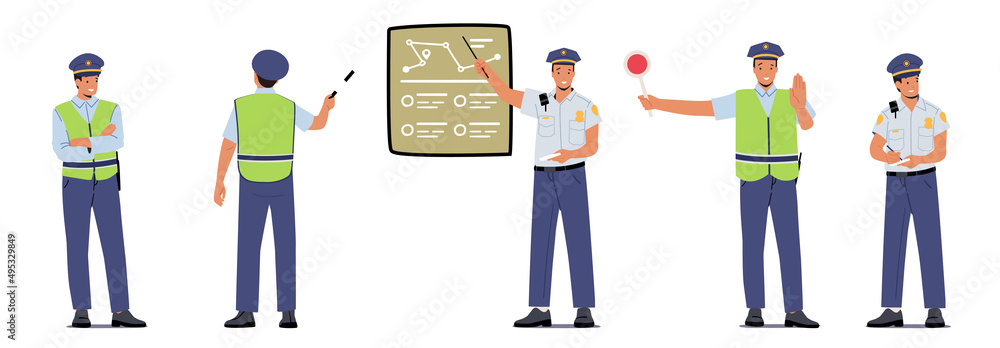 Set Traffic Policeman Wear Uniform and Green Vest Hold Baton and Stop ...