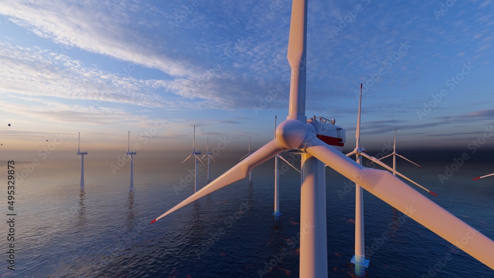 8K ULTRA HD. Offshore wind turbines farm on the ocean. Sustainable ...