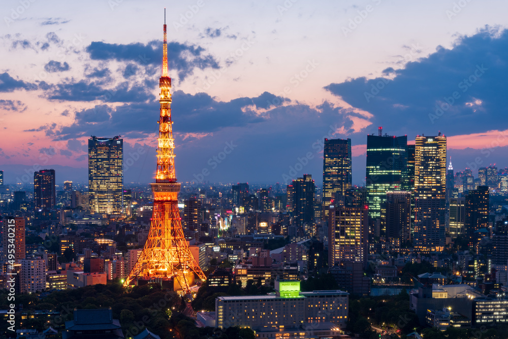 Tokyo, Japan - May 2017: Tokyo city view and Tokyo tower at magic hour ...