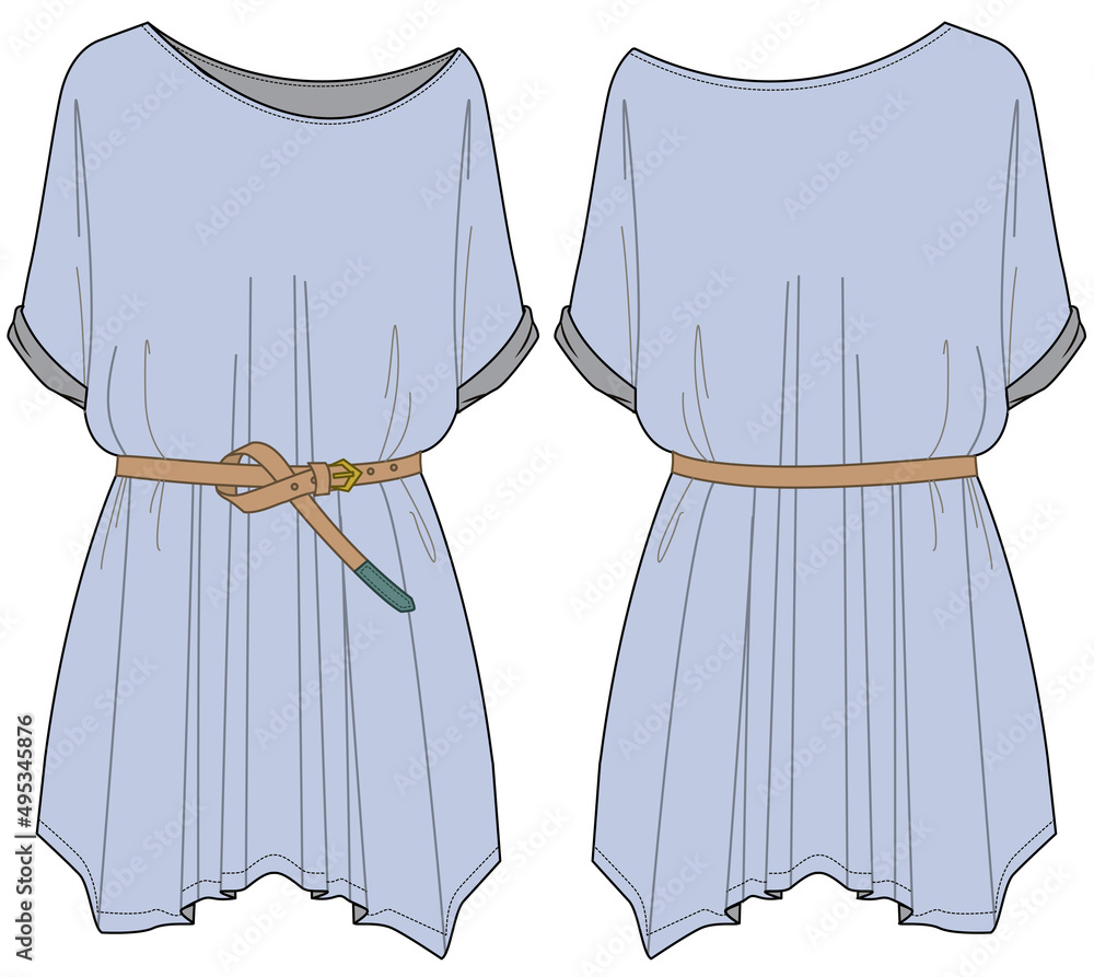 Drop Shoulder Short Sleeve Asymmetric Loose Fit Dress with Belt Front ...