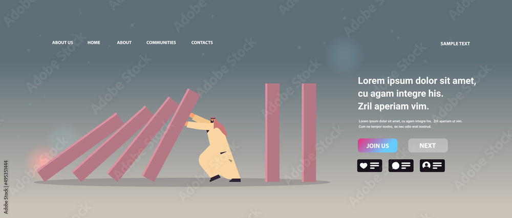 stressed arab businessman stopping domino effect crisis management ...