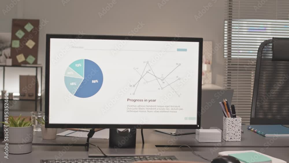 Zoom in slowmo of business presentation with diagrams showing annual ...