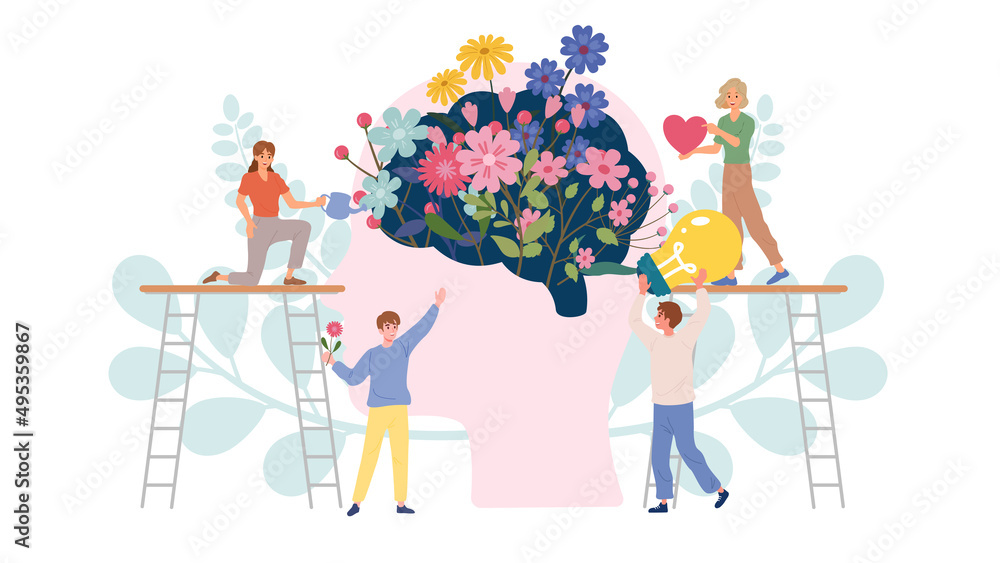Teamwork of people recovery a brain with beautiful flowers and good ...