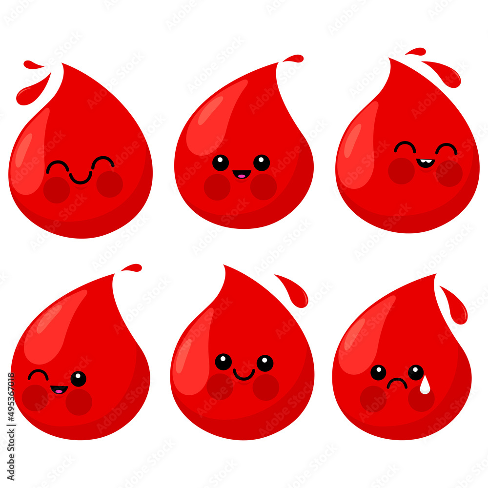 Cute cartoon blood drops. Blood donation concept characters. Vector ...