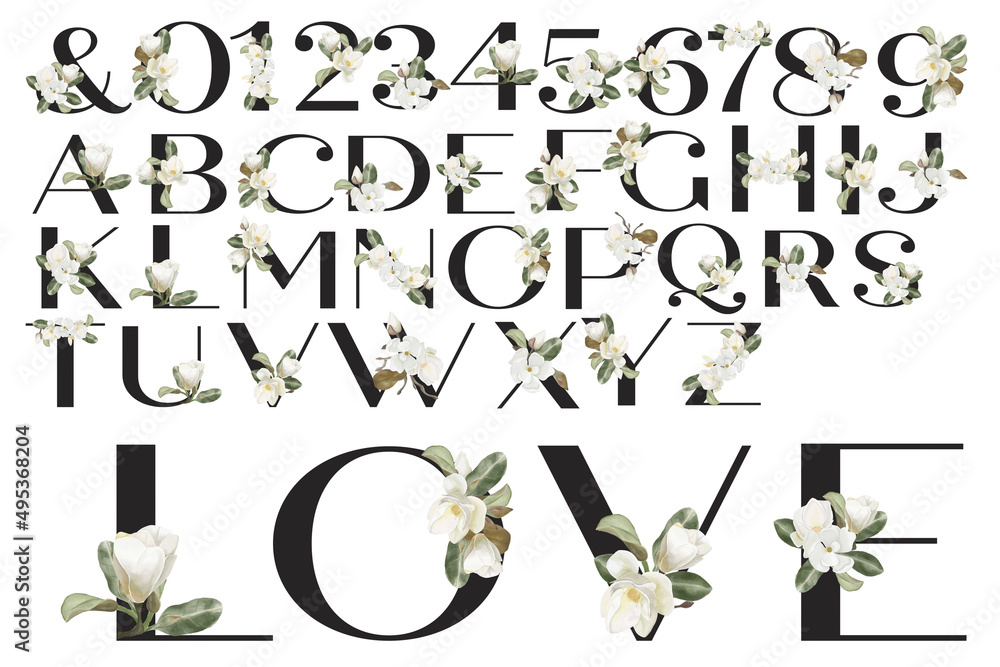 Watercolor Magnolia set of the English alphabet and namber is decorated ...