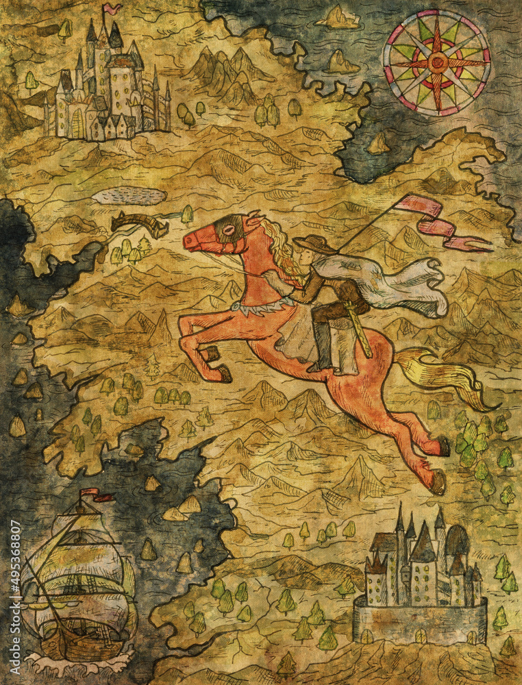 Colorful Marine Fantasy illustration of of old pirate map with sailing ...