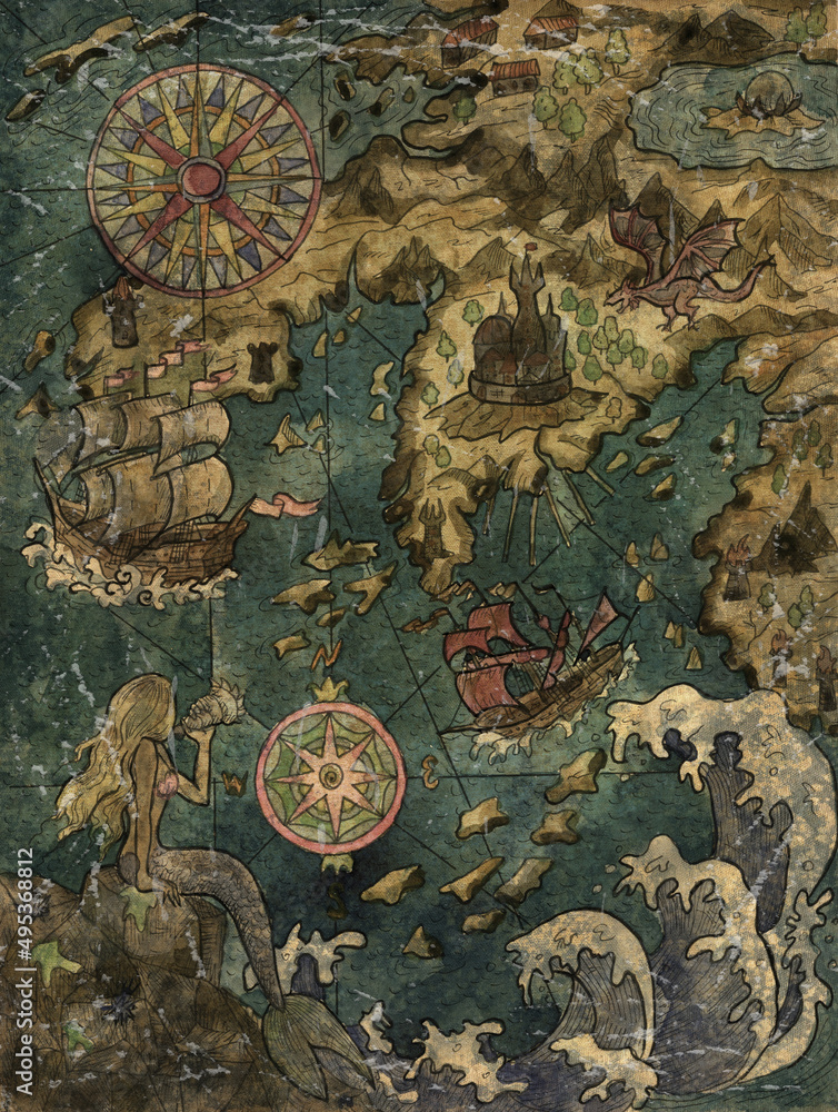 Colorful Marine Fantasy illustration of of old pirate map of treasure ...