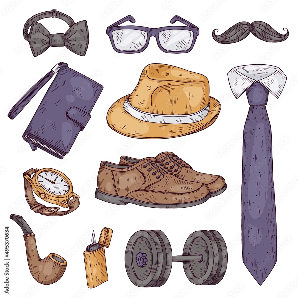 Men fashion accessories set, hand drawn sketch vector illustration ...