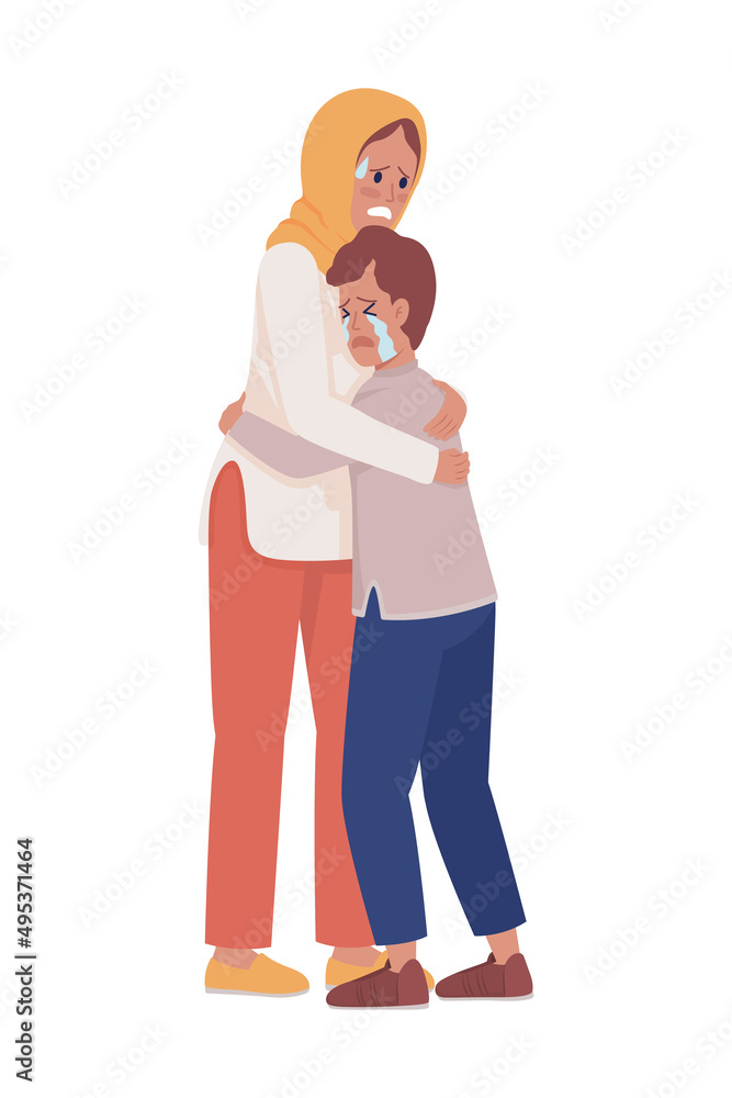 Terrified mom and son semi flat color vector characters. Standing ...