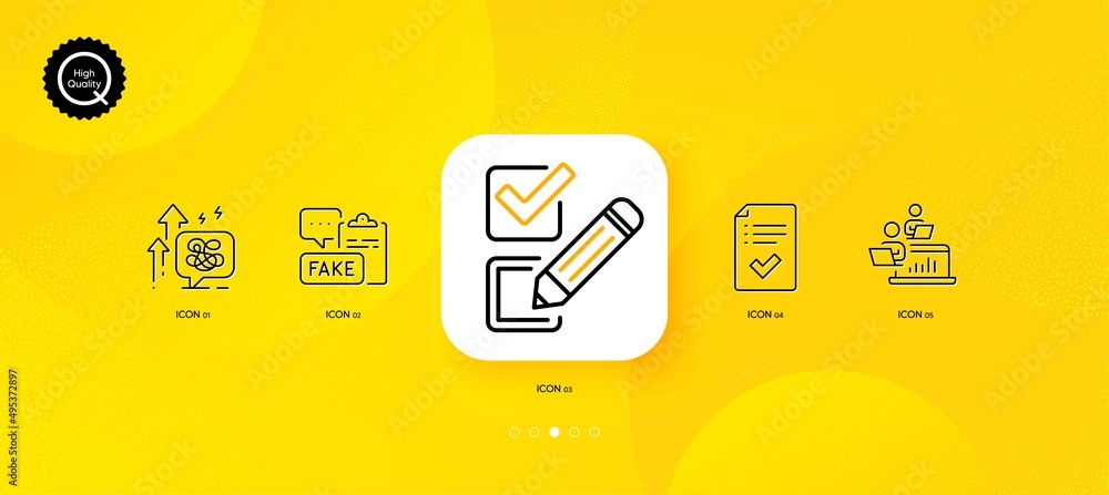 Checkbox, Stress grows and Fake document minimal line icons. Yellow abstract background ...