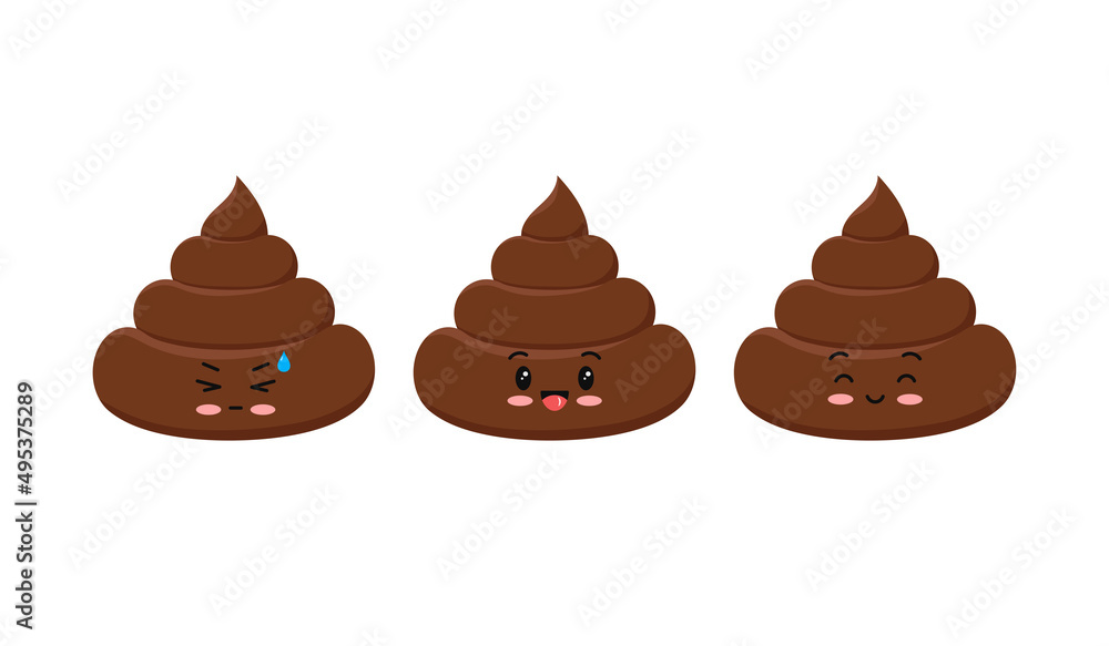 Poop cute funny excrement tense and happy character cartoon emoticon set isolated on white ...