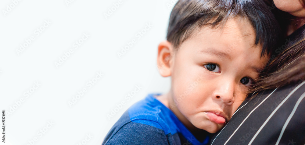 Photo & Art Print Portrait sad boy child 2 years old want milk breast ...