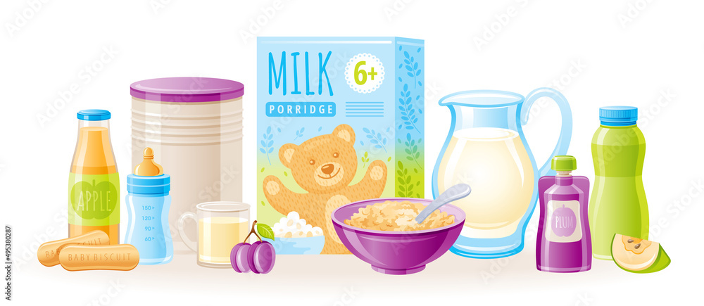 Baby food vector illustration. Milk porridge bowl with spoon, juice ...