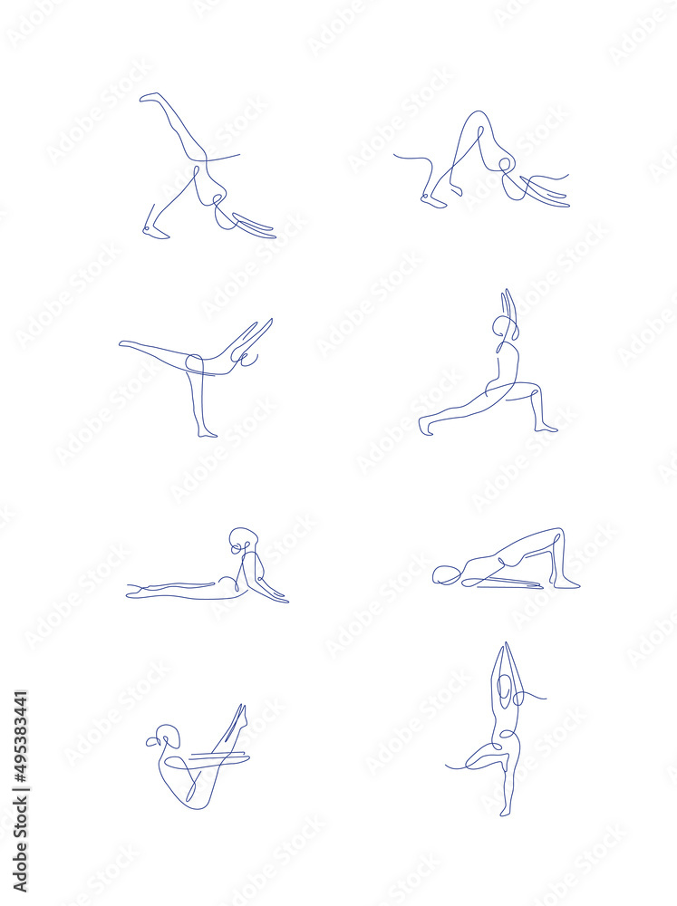 Pilates line art poses set. outline vector illustration. one line yoga ...