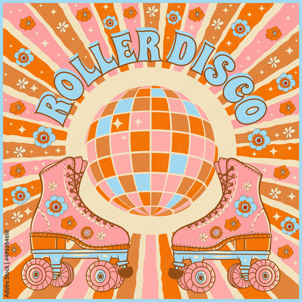 roller skates and disco ball, retro illustration in 70s style ...