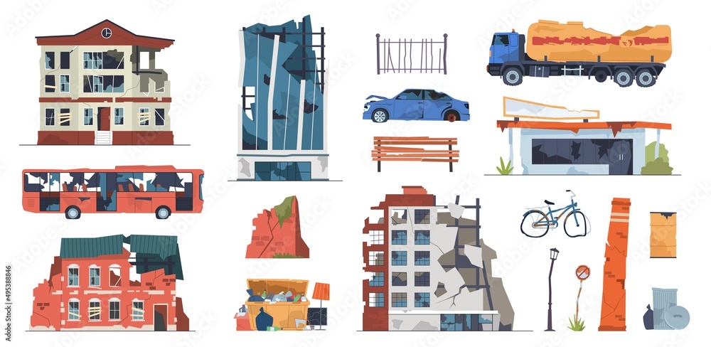 Damaged city objects. Collapsing urban buildings and transport, post ...