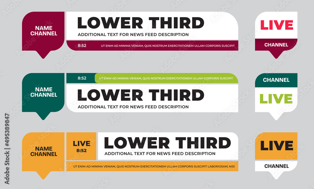 Set of colored vector lower thirds for news titles and credits, channel ...
