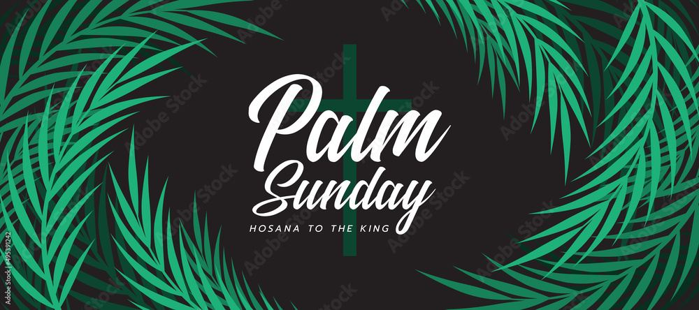 Palm sunday text on green cross crucifix sign and green palm leaves ...